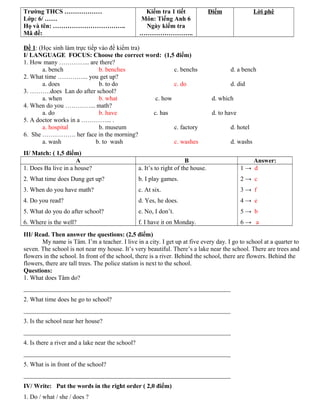 Kiểm tra 1 tiết lần 2 hki tiếng anh lớp 6 | DOC