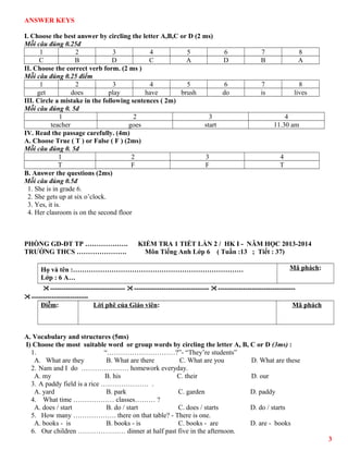 Kiểm tra 1 tiết lần 2 hki tiếng anh lớp 6 (with key) | DOC