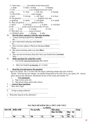 Kiểm tra 1 tiết lần 2 hki tiếng anh lớp 7 (with key) | DOC | Participant Sports | Fitness and ...