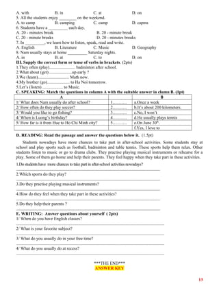 Kiểm tra 1 tiết lần 2 hki tiếng anh lớp 7 (with key) | DOC | Participant Sports | Fitness and ...