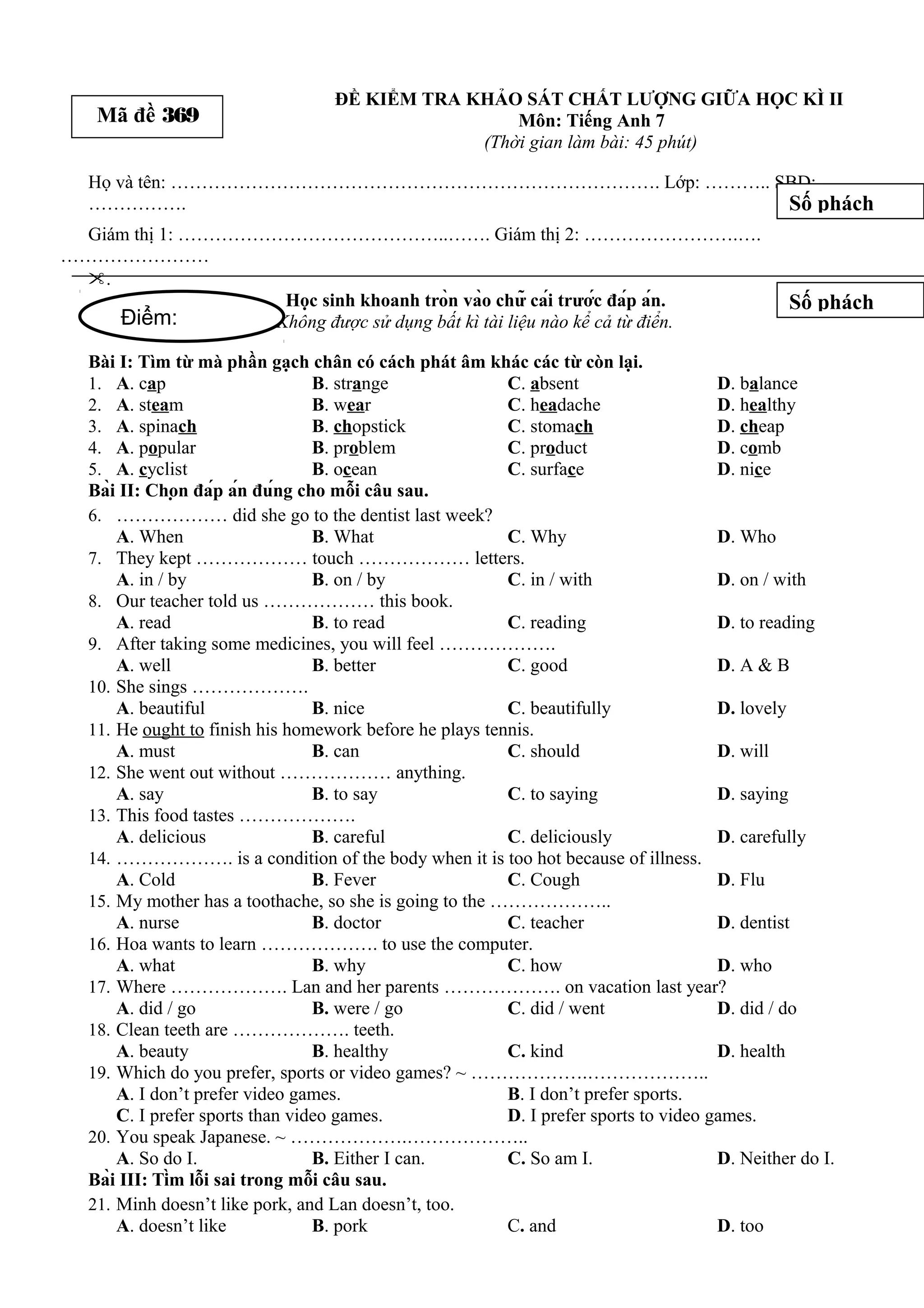 Kiểm tra 1 tiết số 4 tiếng anh 7 hkii | PDF