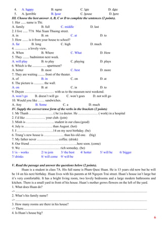 Kiểm tra 1 tiết tiếng anh lớp 7 lần 1 hki | DOC