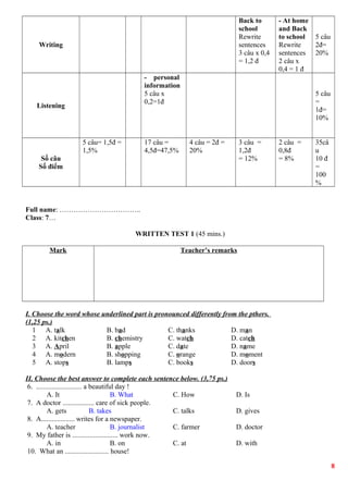 Kiểm tra 1 tiết tiếng anh lớp 7 lần 1 hki | DOC