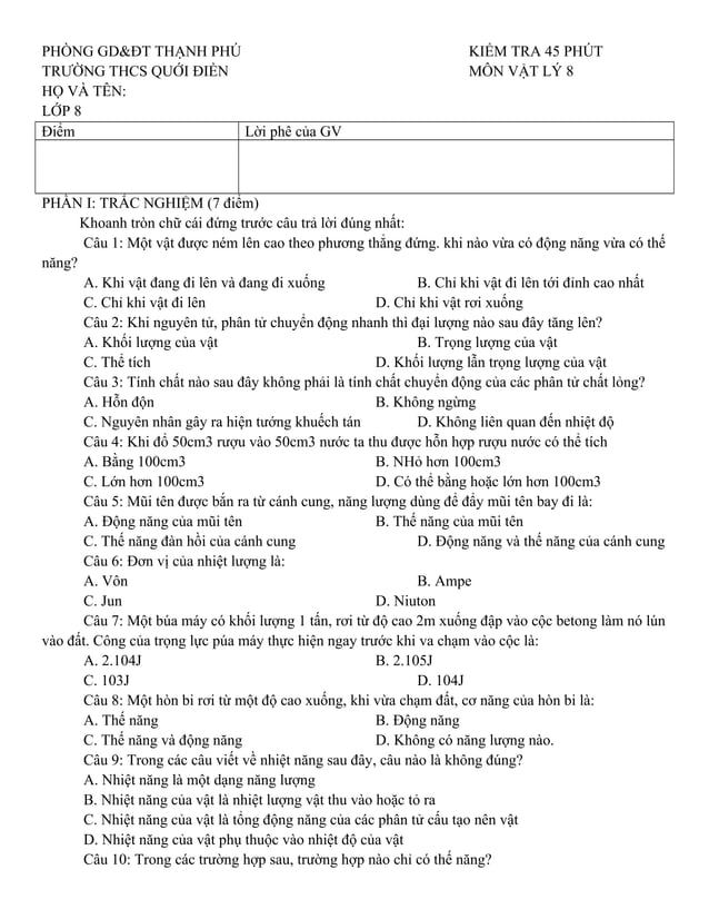 Kiểm tra 1 tiết vật lý 8 hkii | PDF