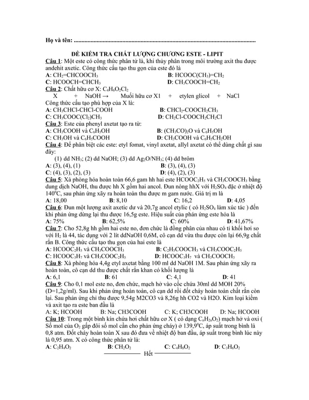 đề Kiểm tra chất lượng chương este lipit | DOC
