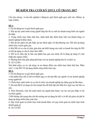 đề Kiểm tra cuối kỳ qtcl cô trang | PDF