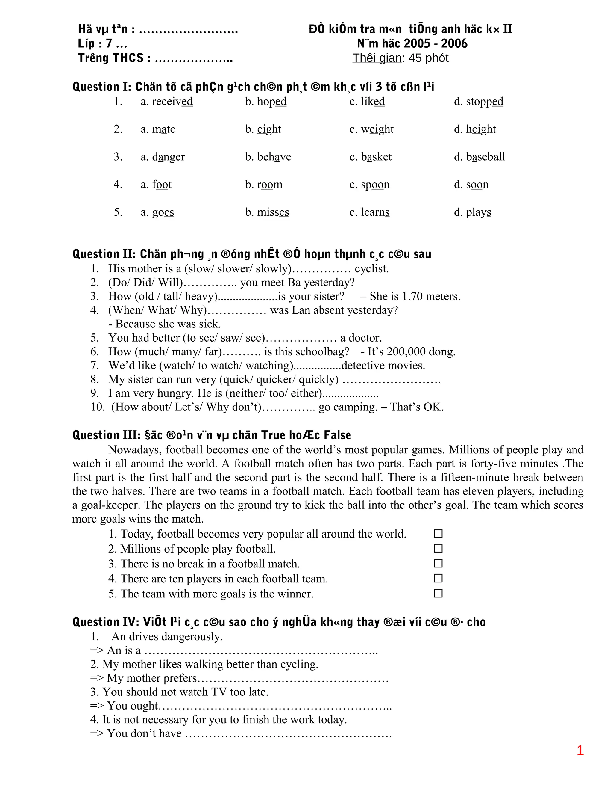 Kiểm tra hkii tiếng anh lớp 7 | DOC