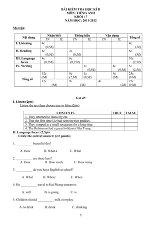 Kiểm tra hkii tiếng anh lớp 7 (1) | DOC