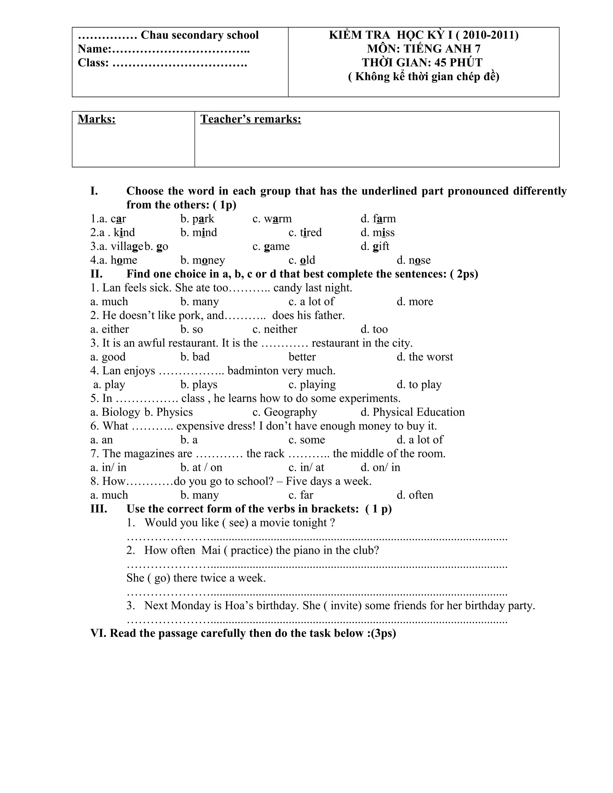 Kiểm tra hki tiếng anh lớp 7 | PDF