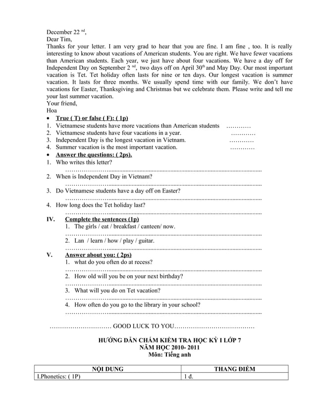 Kiểm tra hki tiếng anh lớp 7 | PDF