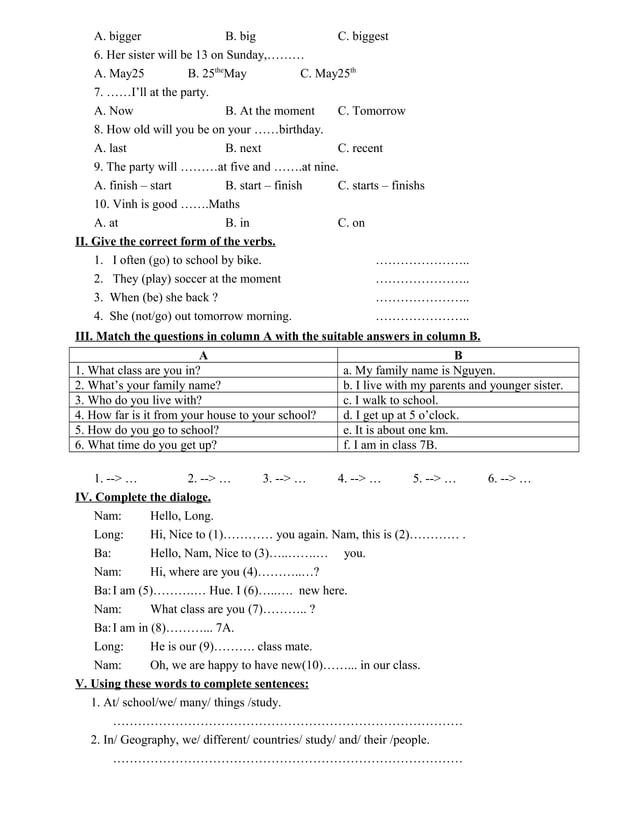 Kiểm tra hki tiếng anh lớp 7 | PDF