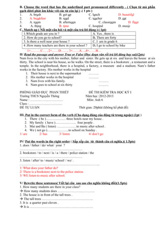 Kiểm tra số 2 hki tiếng anh lớp 6 (with key) | DOC