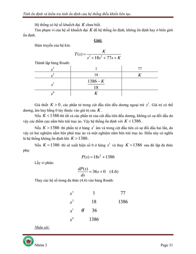 [BTL] Kiểm tra tính ổn định của hệ thống liên tục | PDF
