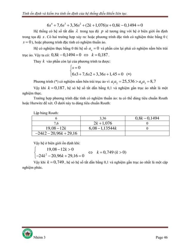 [BTL] Kiểm tra tính ổn định của hệ thống liên tục | PDF