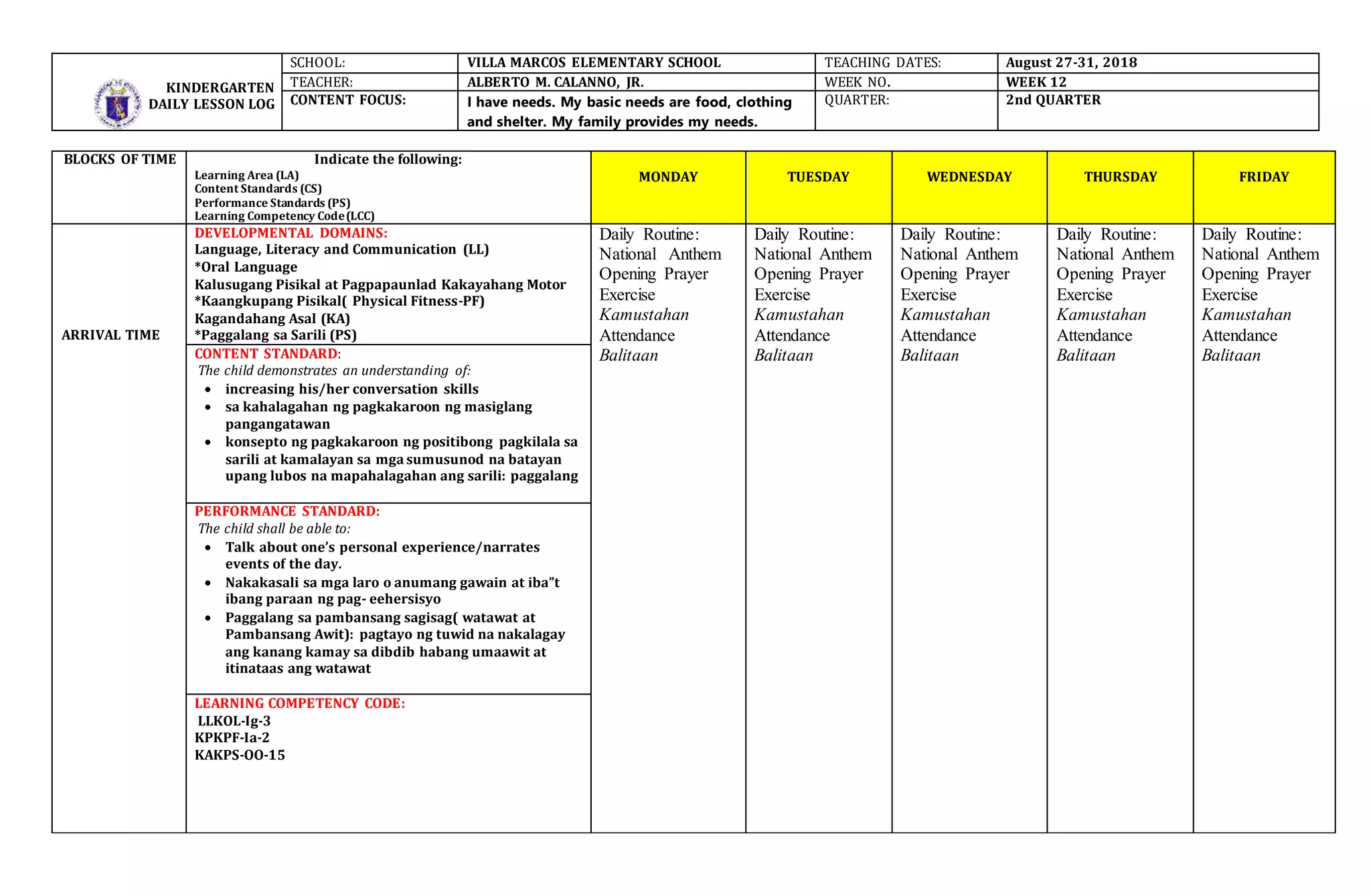 Kinder new-dll-week-12 | DOCX