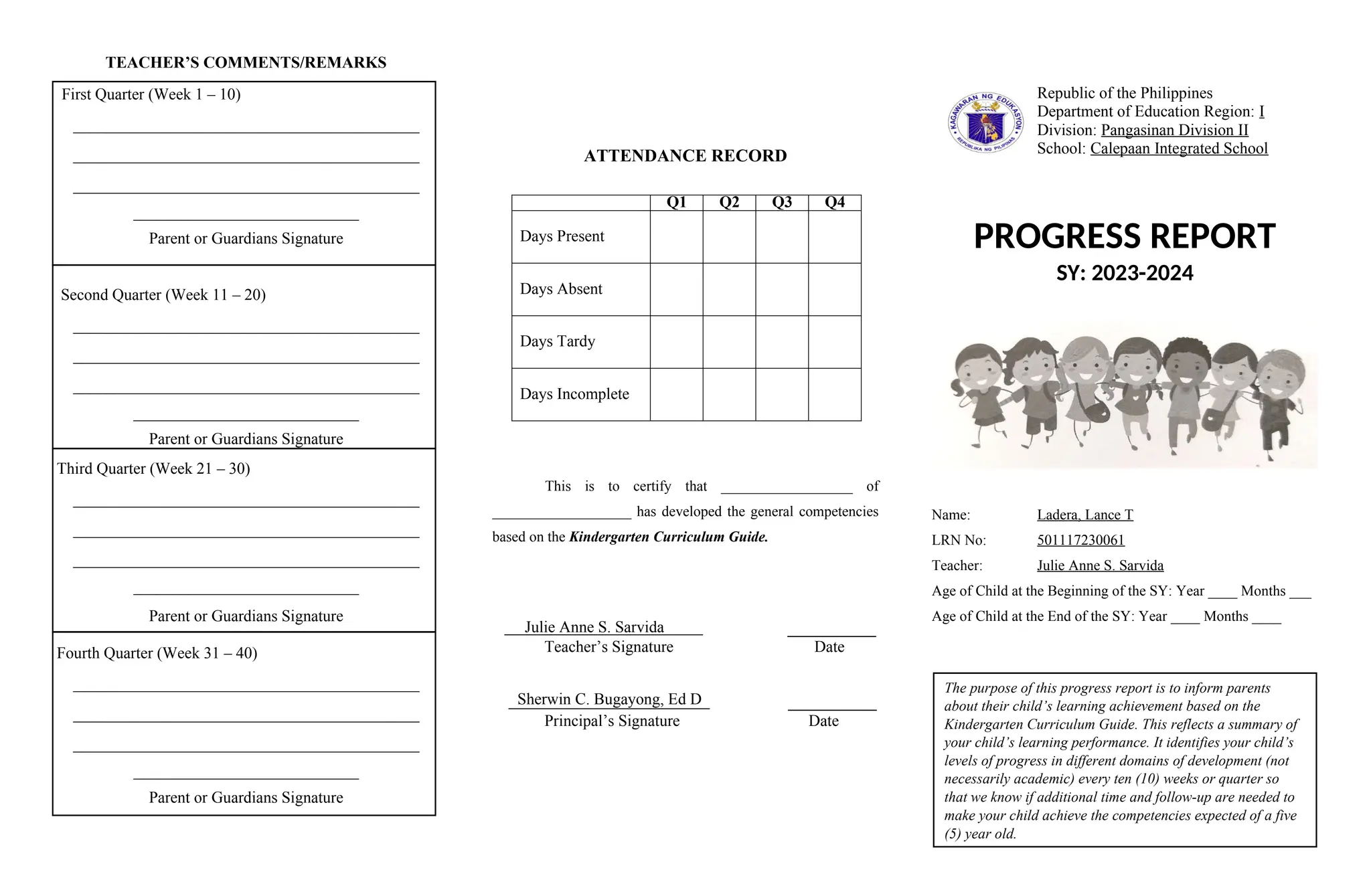KINDERGARTEN-PROGRESS-REPORT-CARD FOR KINDER TEACHERS | DOCX