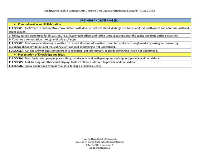 Kindergarten CCGPS: ELA | PDF