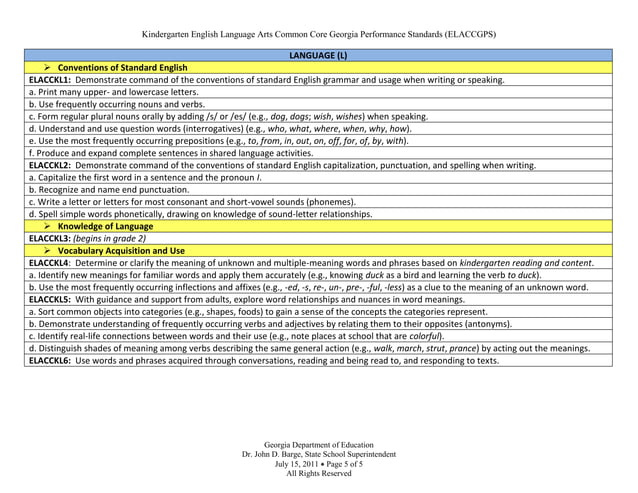 Kindergarten CCGPS: ELA | PDF