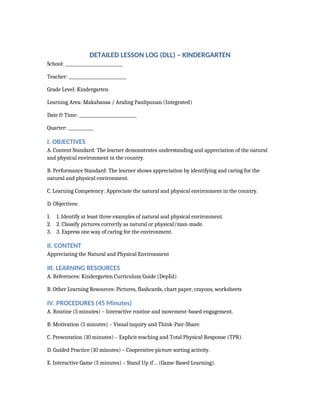 Comprehensive Kindergarten Lesson Plan on Appreciating Natural and ...