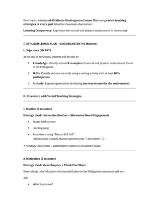 Comprehensive Kindergarten Lesson Plan on Appreciating Natural and ...