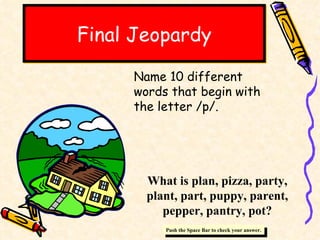 Kindergarten Jeopardy | PPT