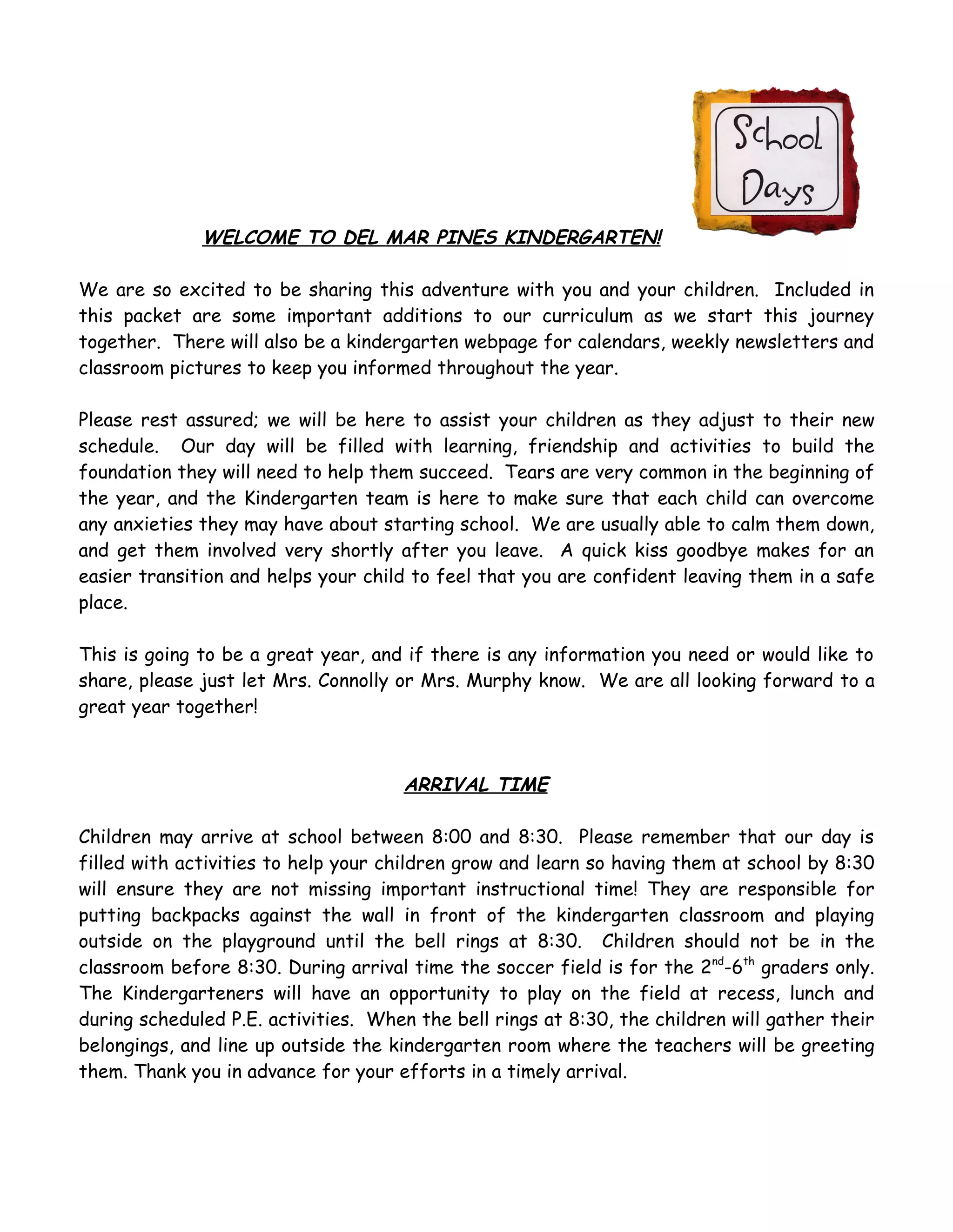 Kindergarten Orientation Packet | DOC