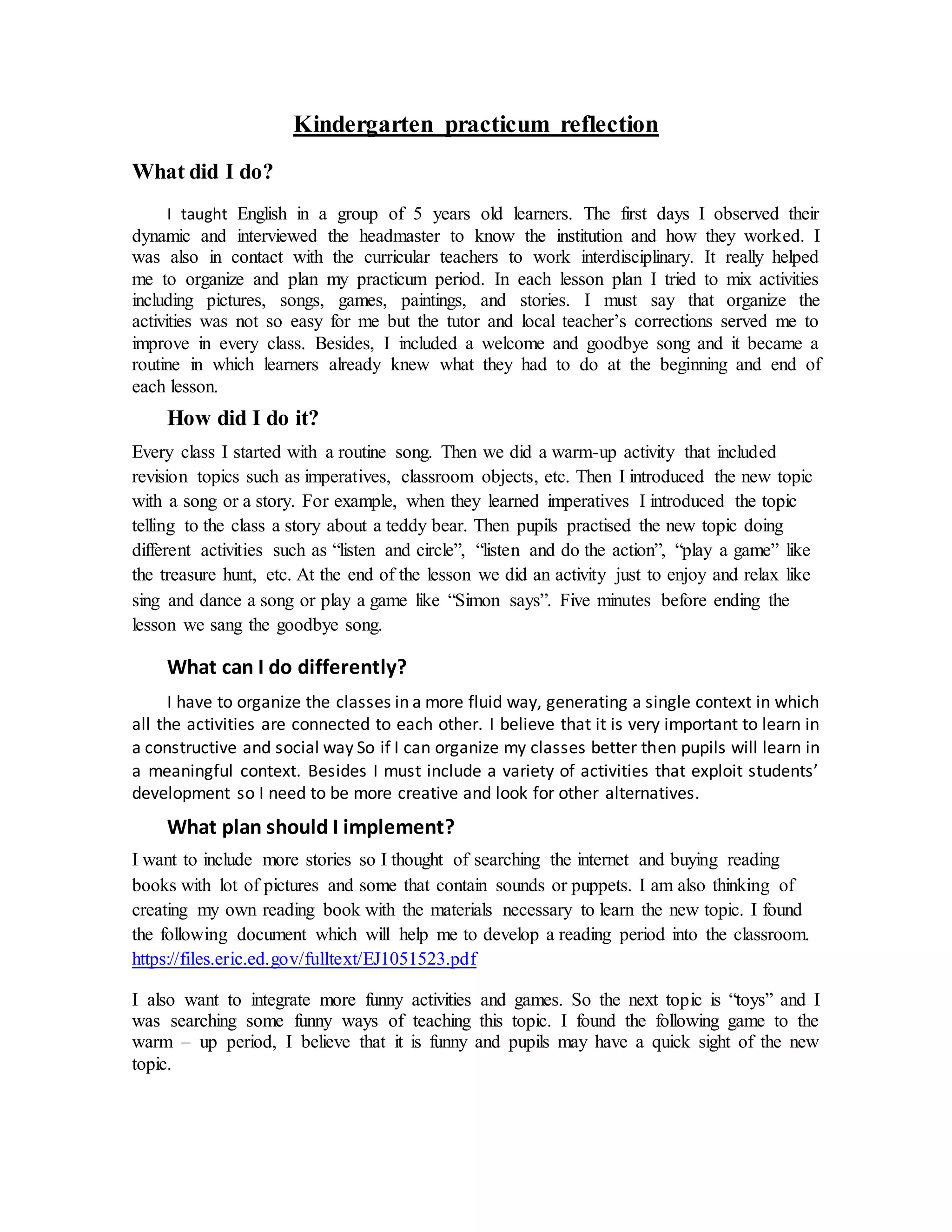 Kindergarten practicum | DOCX