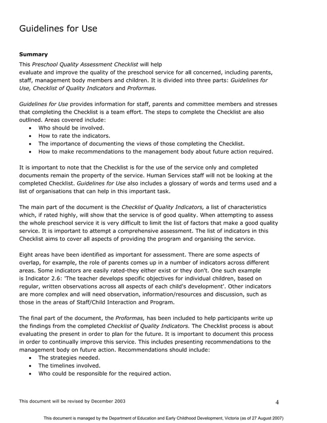 Kindergartenquality checklist | PDF | Daycare and Pre-School | Parenting