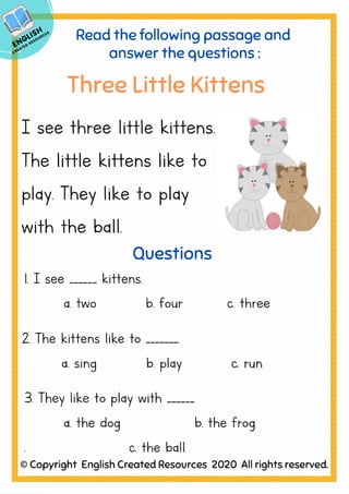 Kindergarten reading comprehension part 2 | PDF