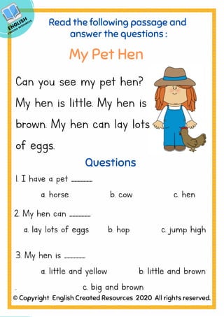 Kindergarten reading comprehension part 2 | PDF
