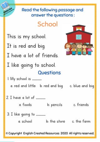 Kindergarten reading comprehension part 2 | PDF