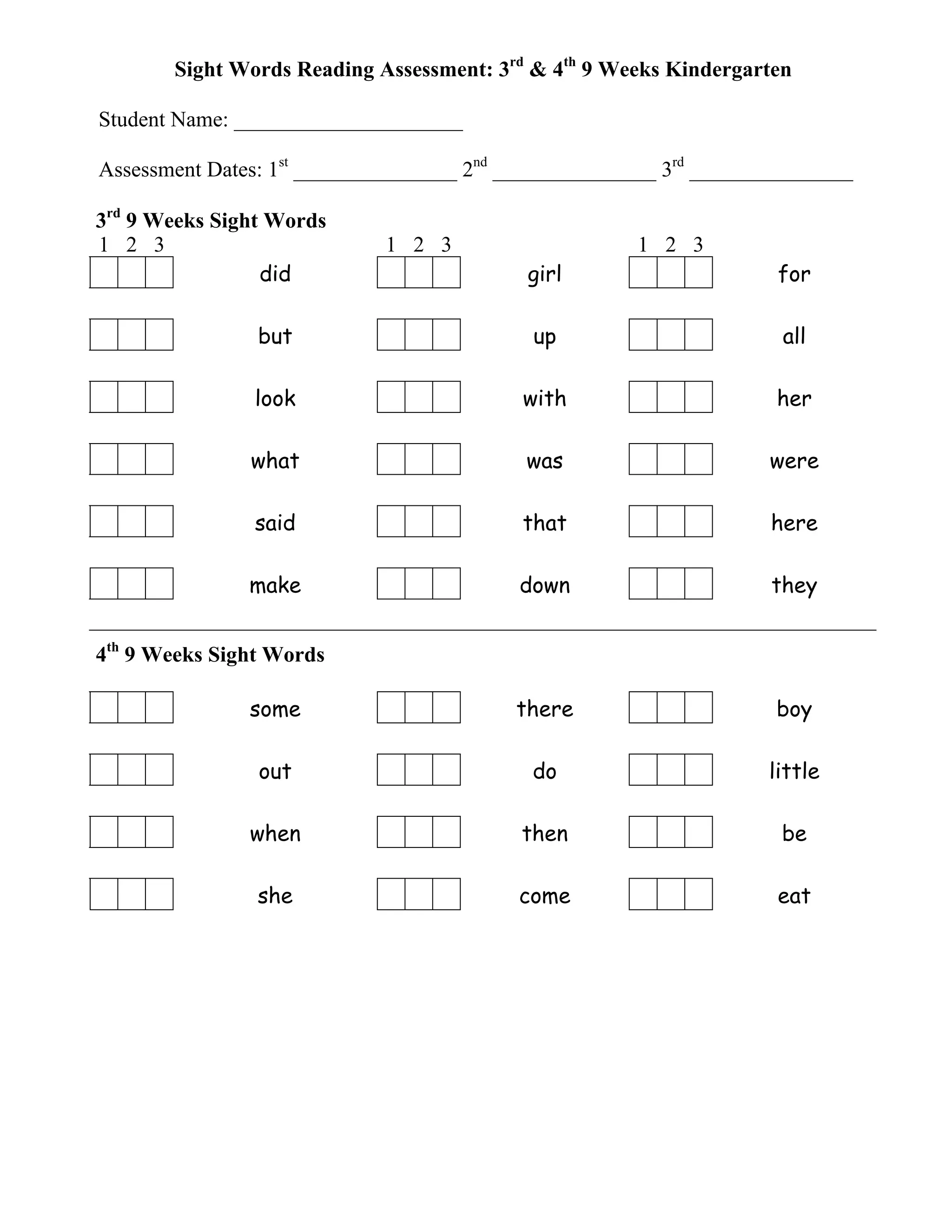Kindergarten sight word assessment | PDF