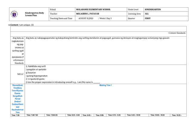 KINDER_ lesson plan for quarter 1 week 1 day 3 | DOC