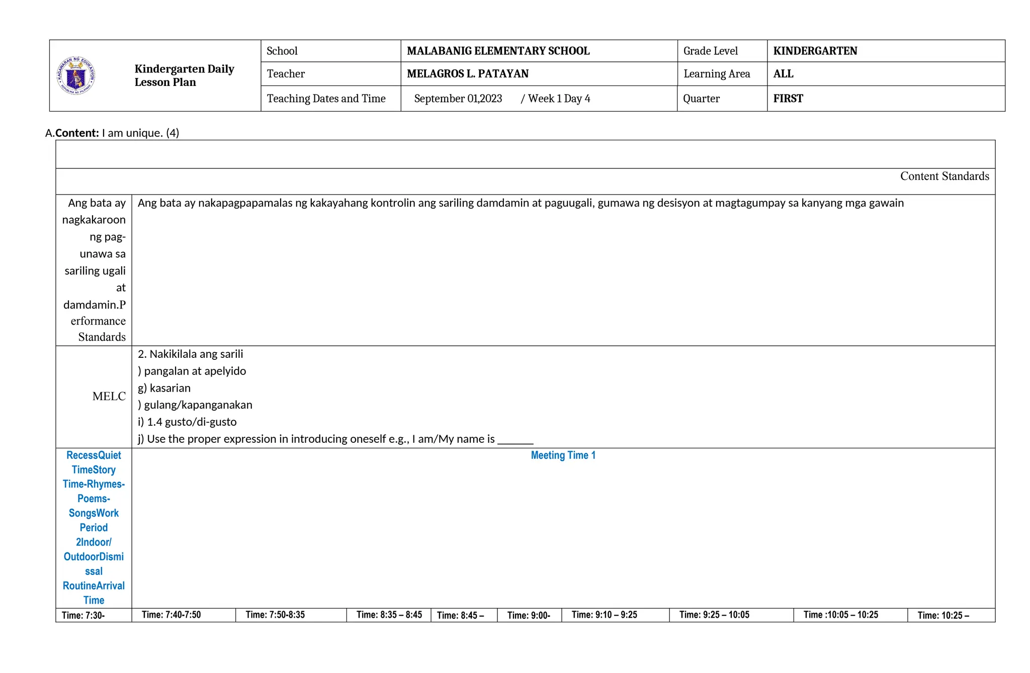 KINDER_ lesson plan for quarter 1 week 1 | DOC