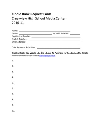 Kindle Book Request Form 2010-11, Creekview High School | DOC ...