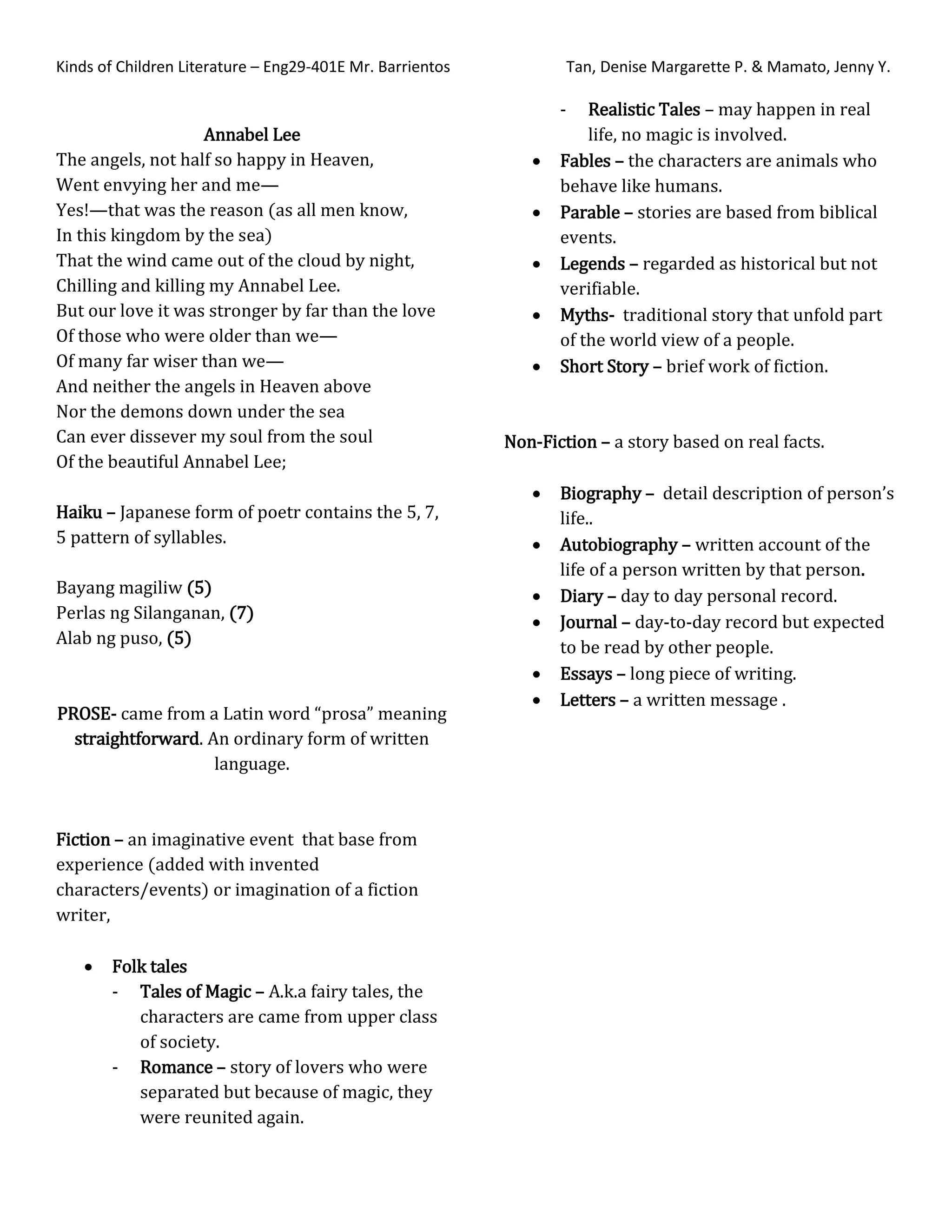 Kinds of Children's Literature - 401E | DOCX