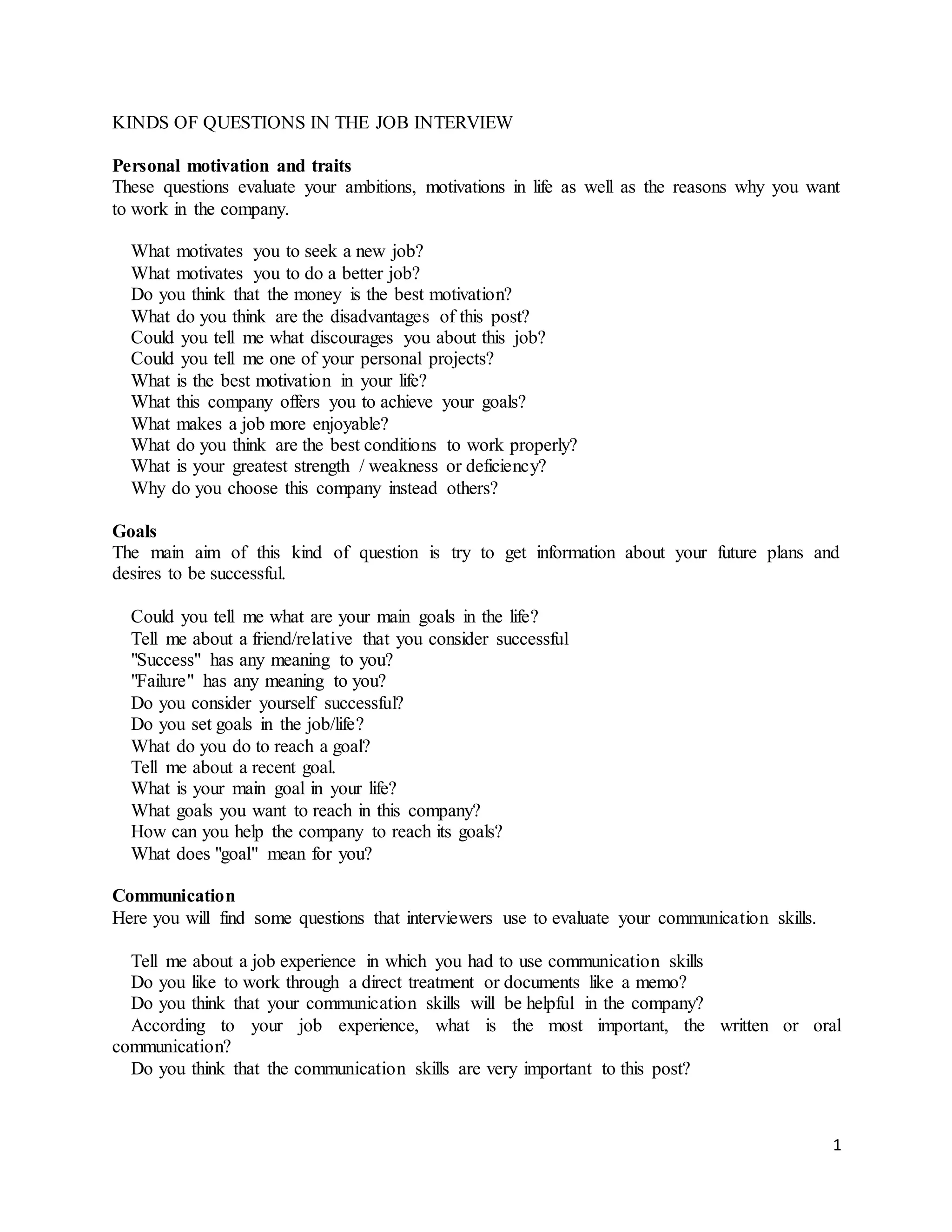 Kinds of questions in the job interview | DOCX