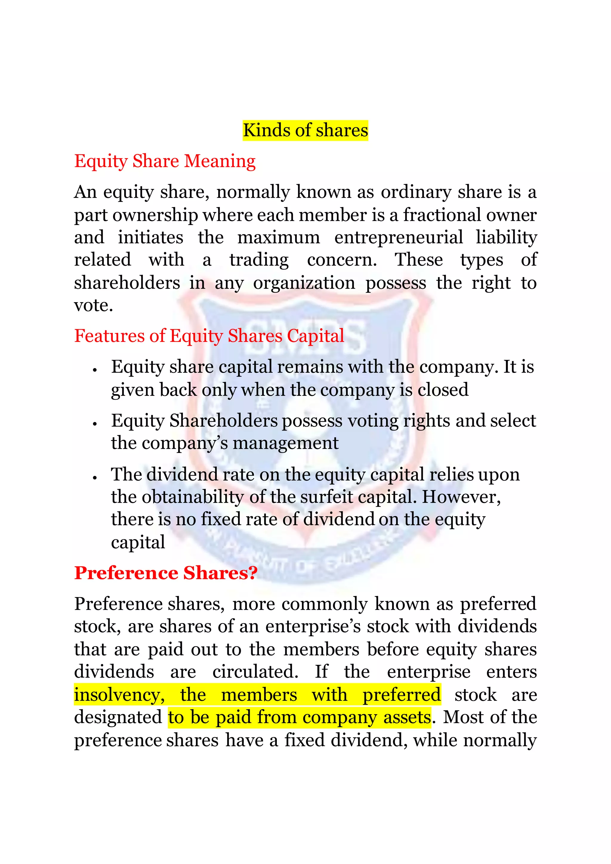 Kinds of shares | DOCX