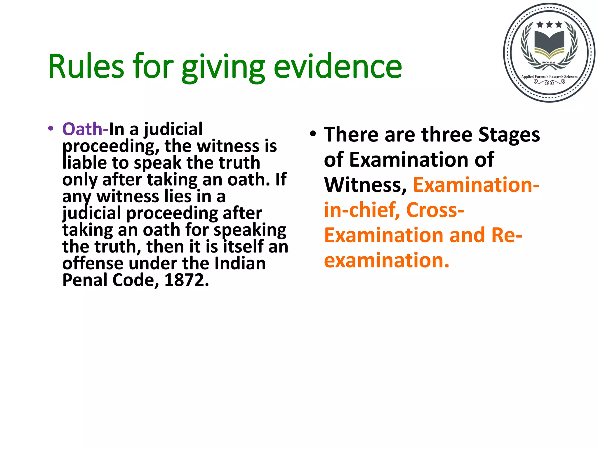 Types of witness and rules for giving evidences | PPTX