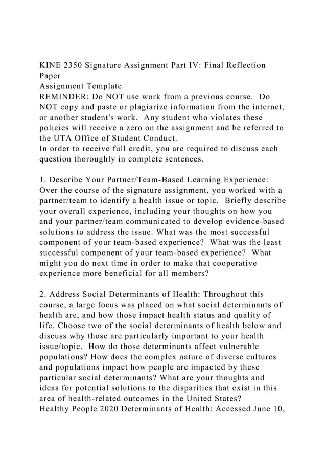 KINE 2350 Signature Assignment Part IV Final Reflection PaperAs.docx