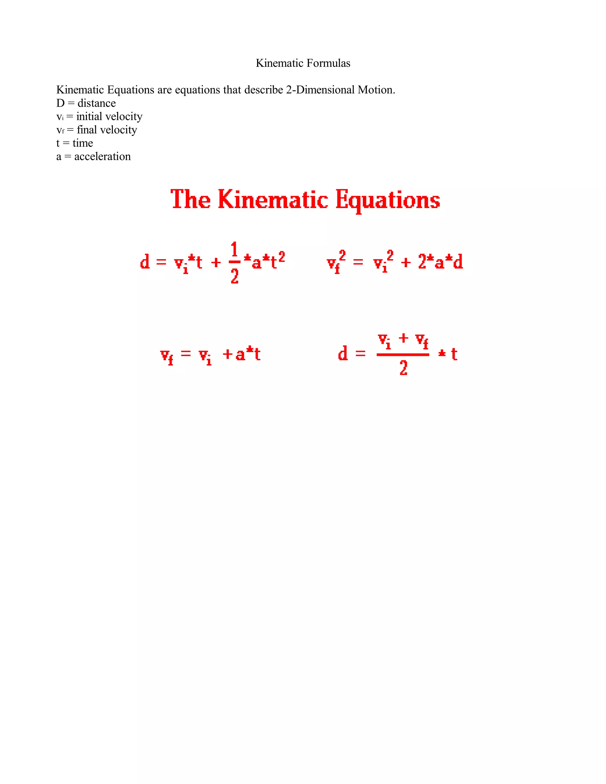 Kinematic equations | DOC | Physics | Science