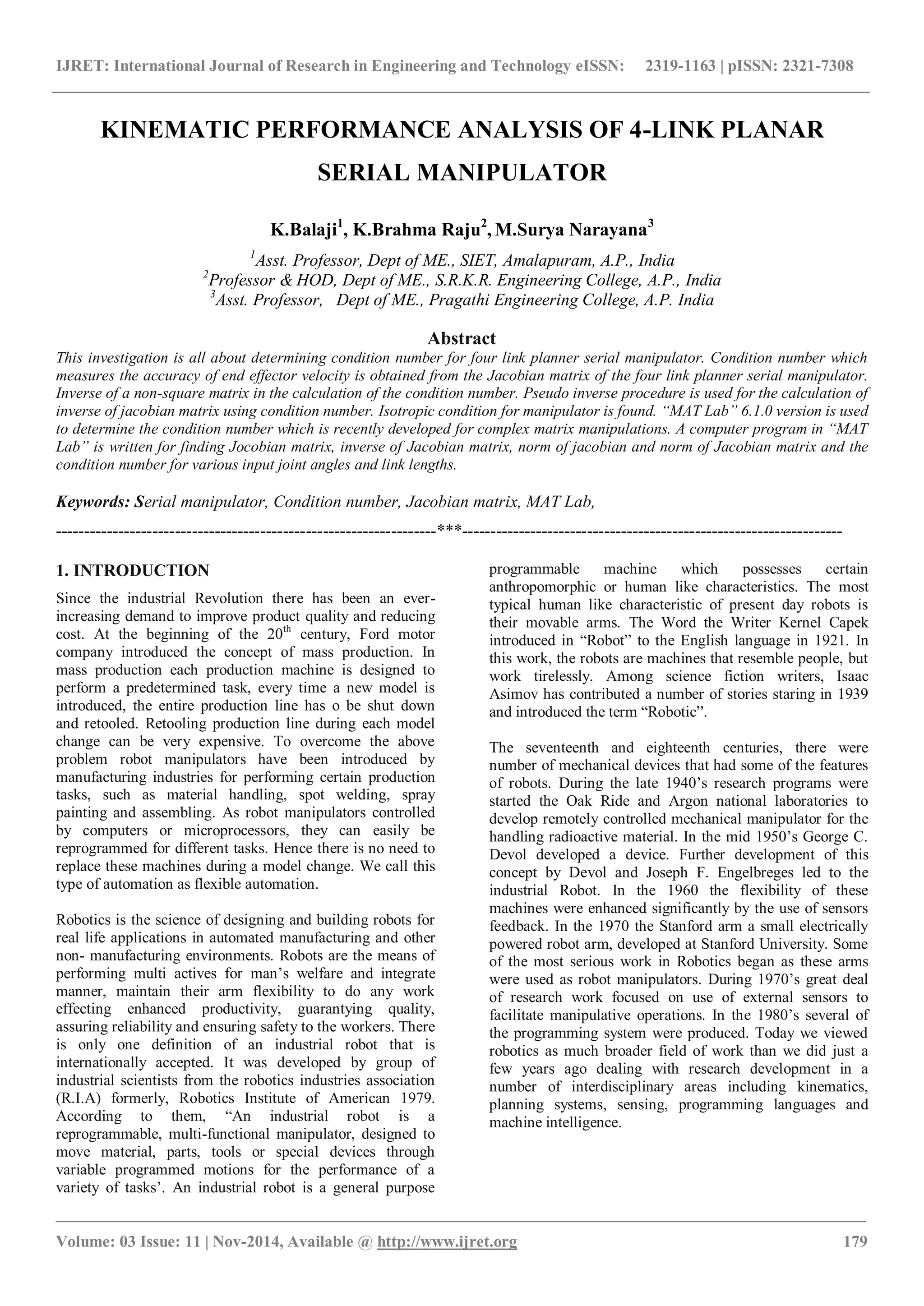 Kinematic performance analysis of 4 link planar serial manipulator | PDF