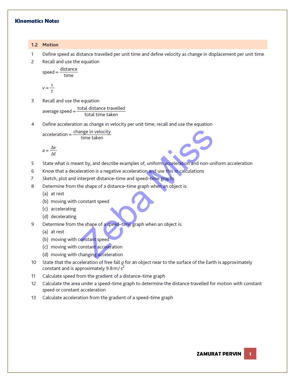 Kinematics Notes ,O Level Physics , Zeba ma'am.pdf