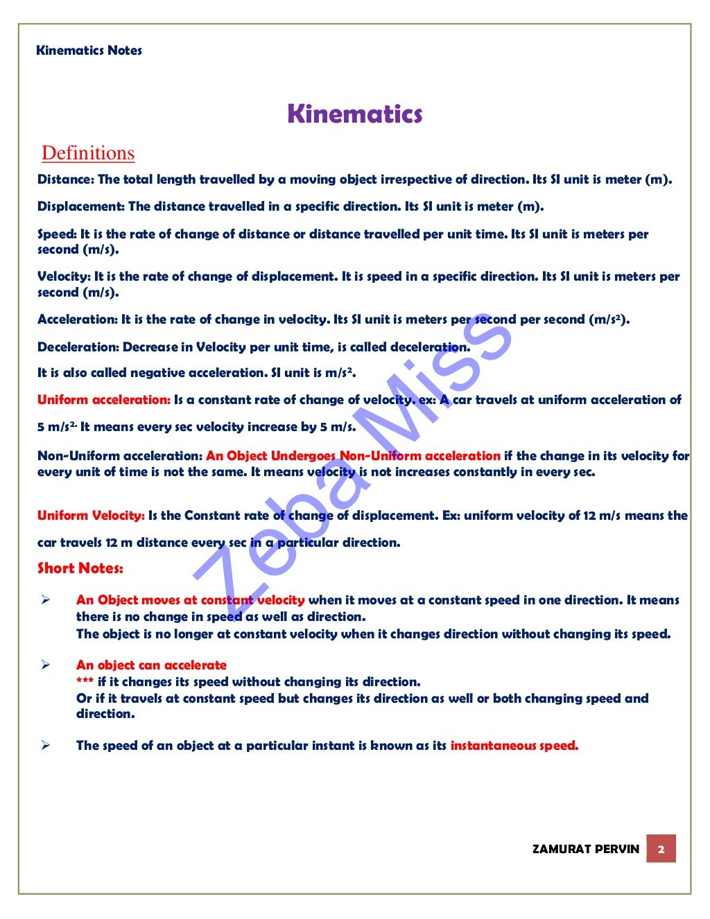 Kinematics Notes ,O Level Physics , Zeba ma'am.pdf