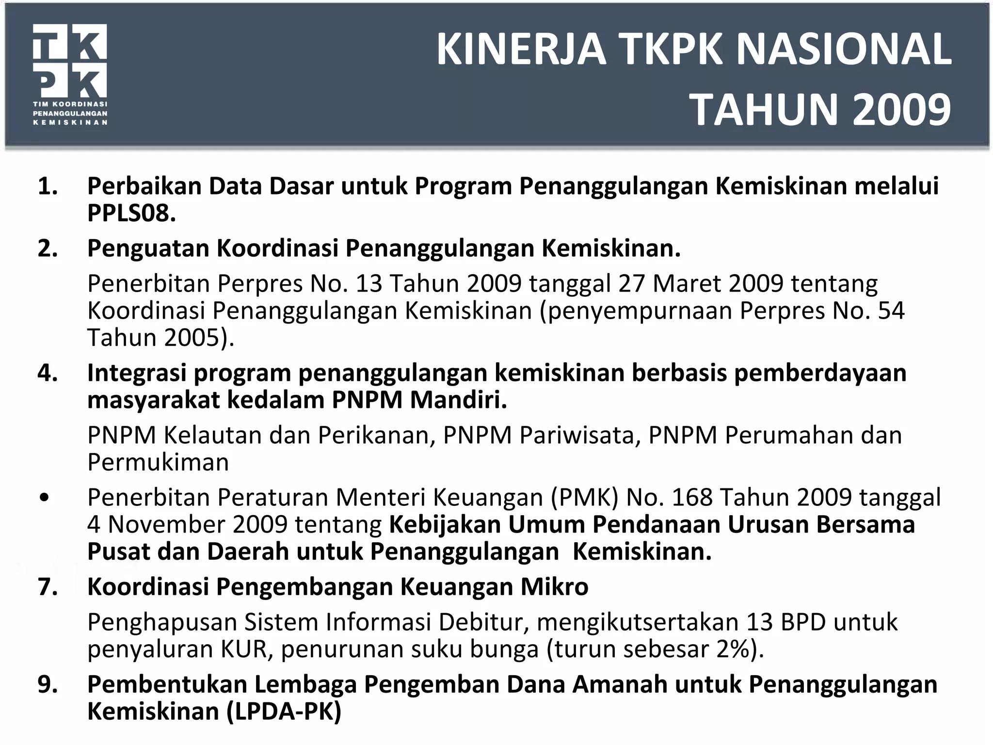 Kinerja Tkpk Nasional Tahun 2009 | PPT
