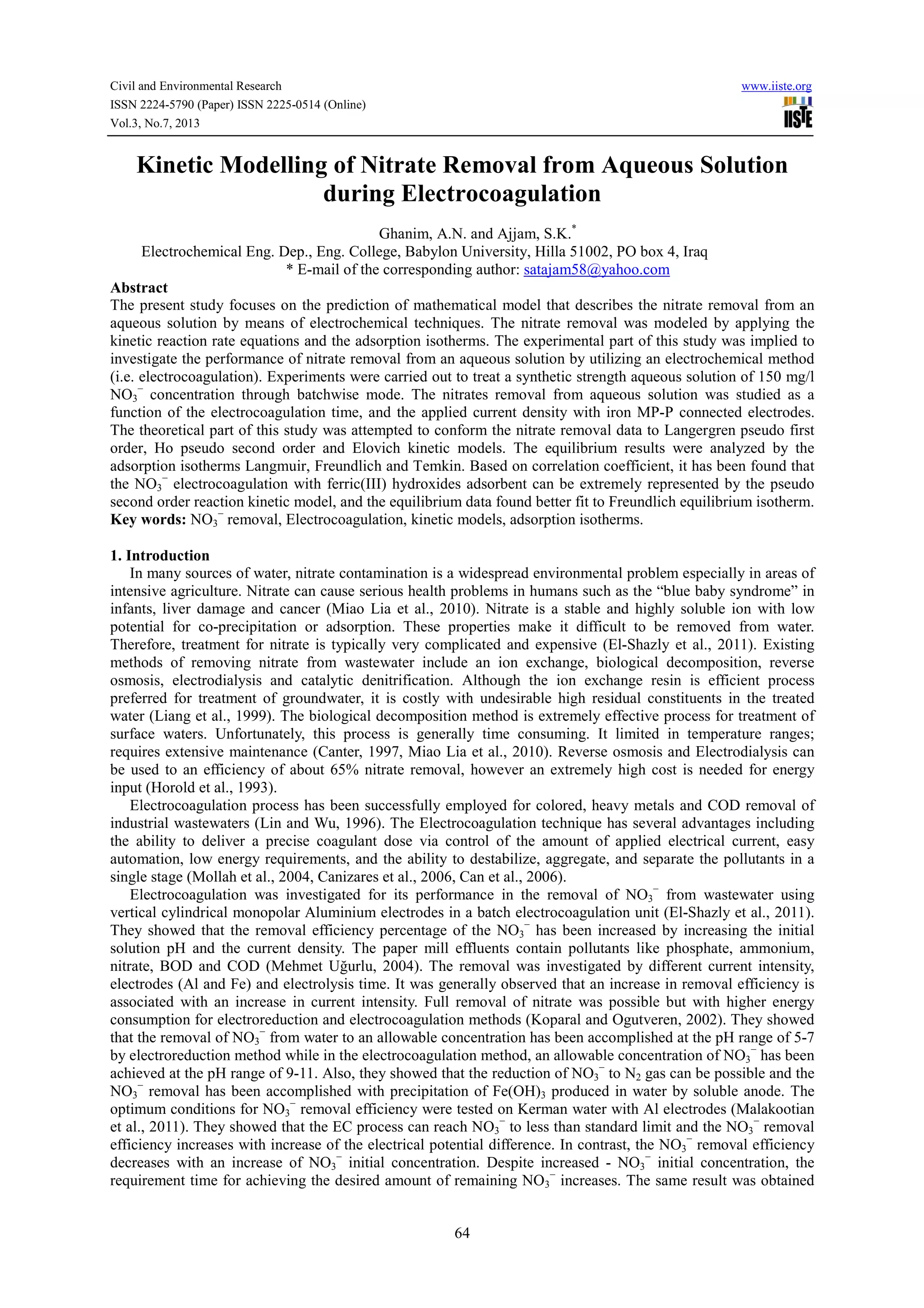 Kinetic modelling of nitrate removal from aqueous solution during electrocoagulation | PDF