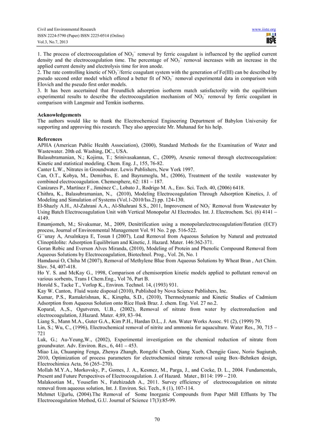 Kinetic modelling of nitrate removal from aqueous solution during ...