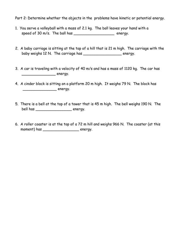 Kinetic vs. potential energy worksheet | DOC