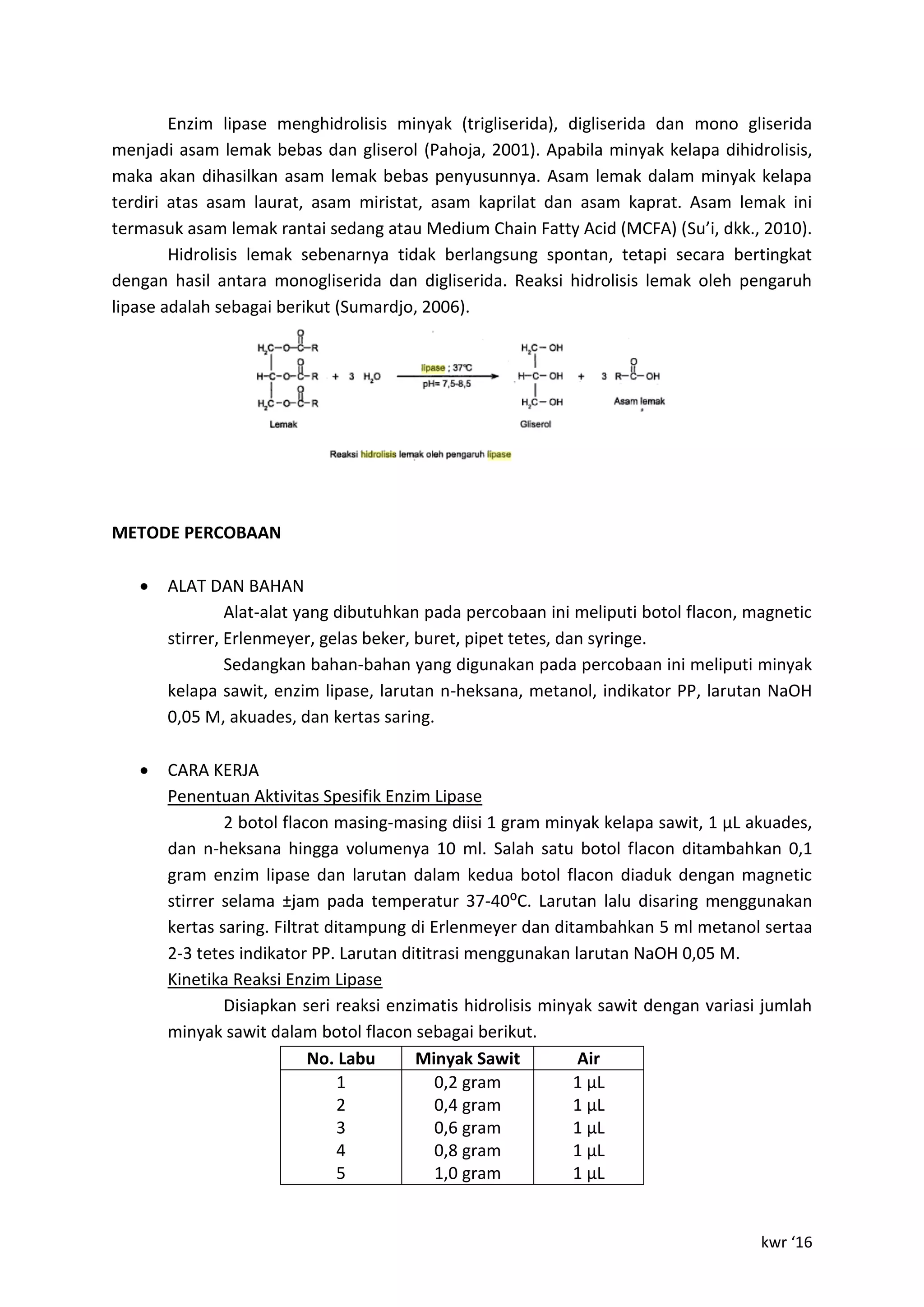 Kinetika reaksi hidrolisis dengan enzim lipase | PDF