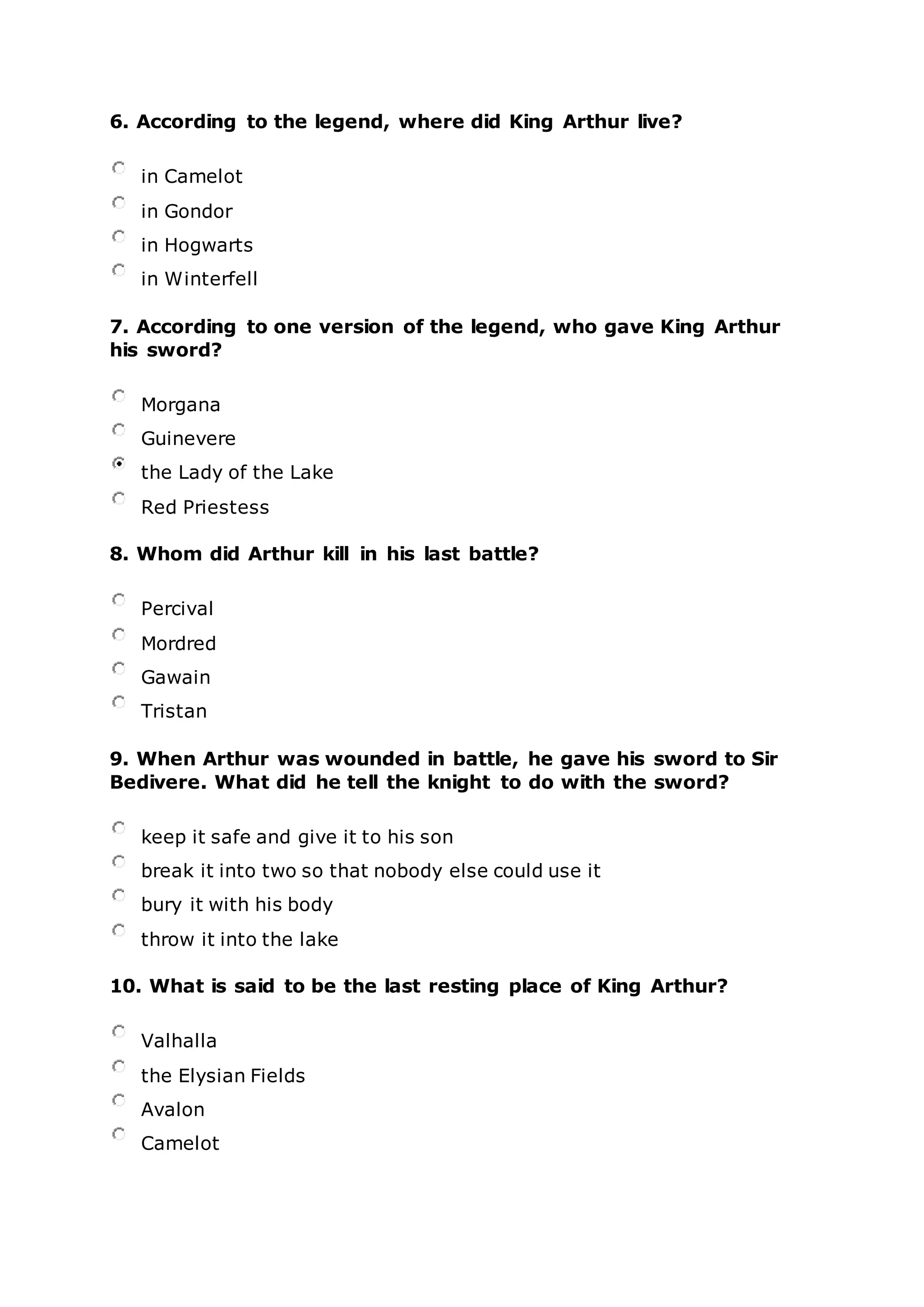 King Arthur quiz | DOCX